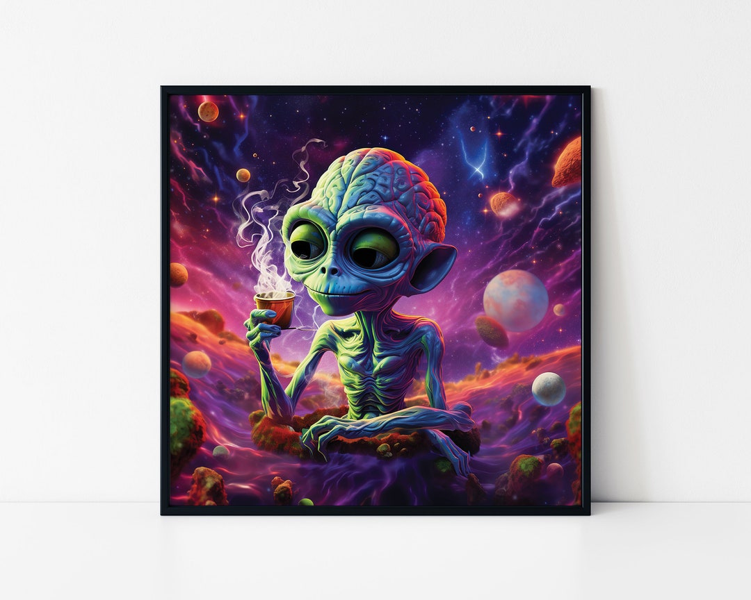 Psychedelic Alien Drinking Tea in Space Framed Poster, Psychedelic ...