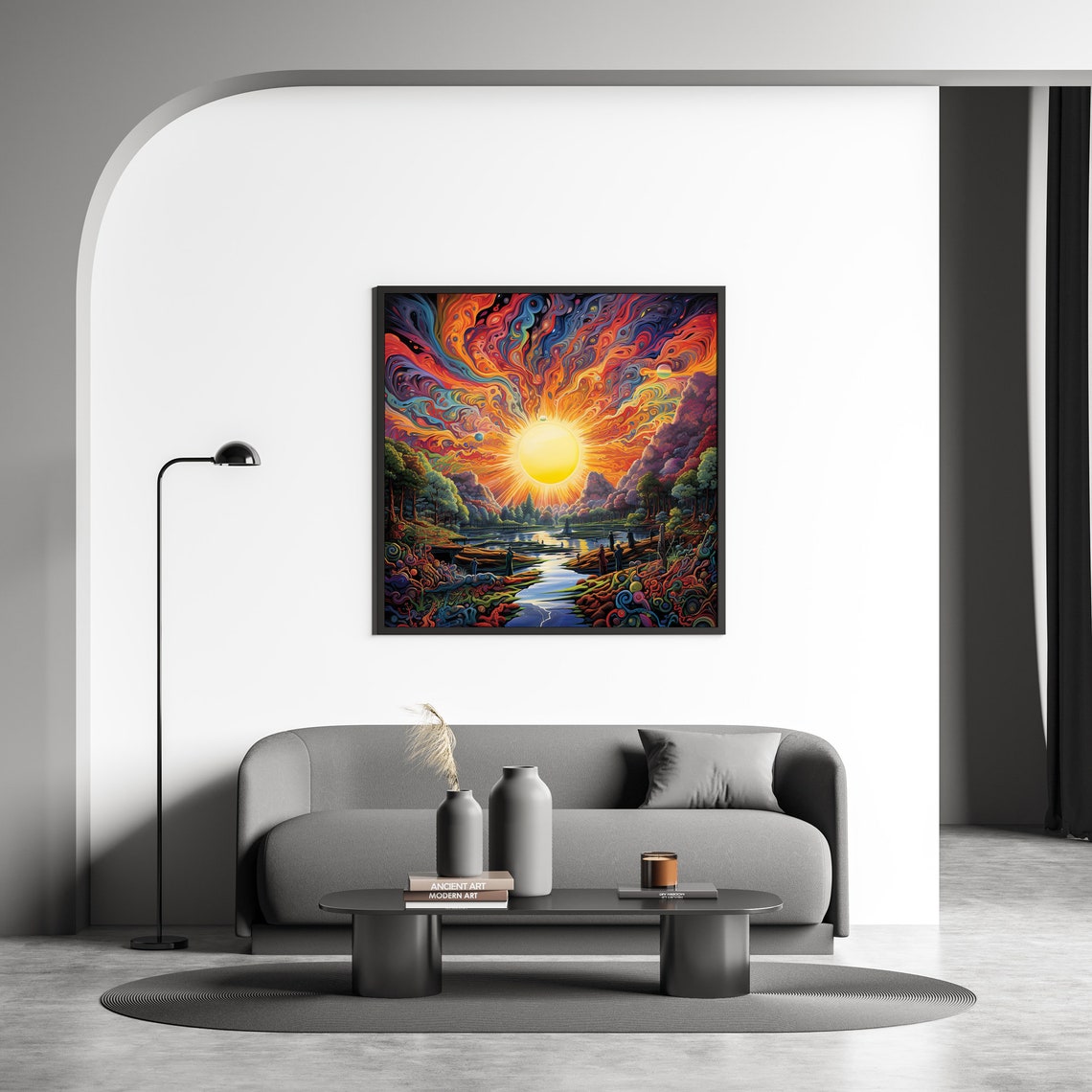 Psychedelic Sunrise Framed Poster, Colorful Sun Rays in Psychedelic ...