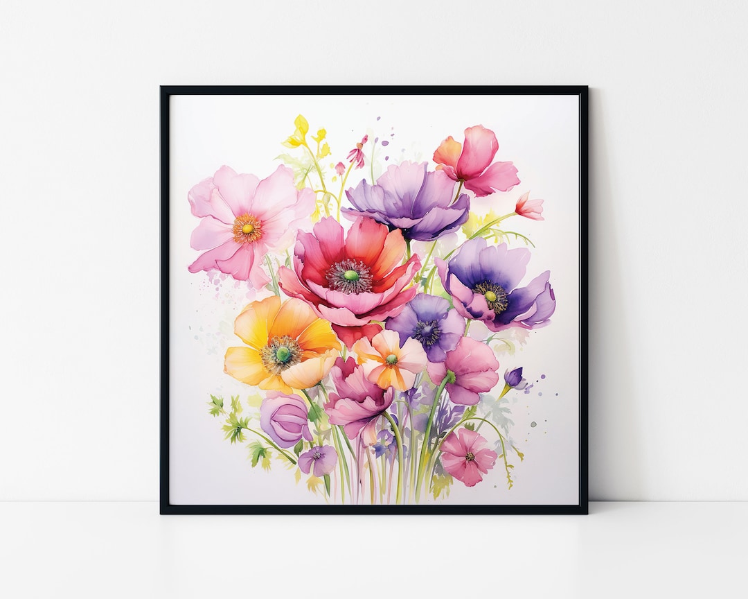 Watercolor Colorful Flowers Framed Poster, Floral Wall Art, Beautiful ...