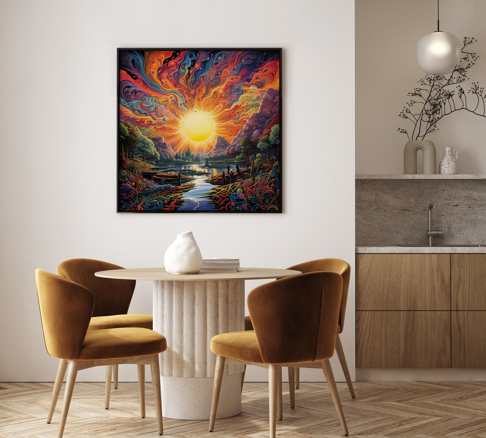 Psychedelic Sunrise Framed Poster, Colorful Sun Rays in Psychedelic ...