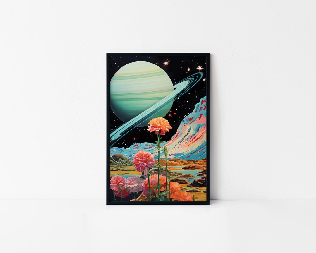 Planet With Flowers With Saturn in the Background Framed Poster, Planet ...