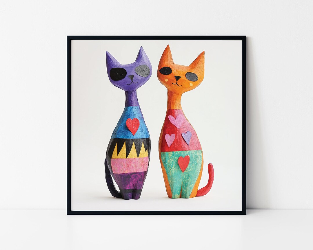 Colorful Papier-mâché Cats – Cute Folk Art Framed Poster - Etsy