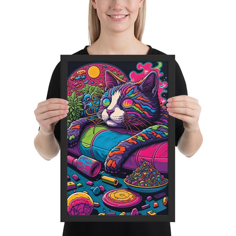 Stoned Laidback Cat Framed Poster, Relaxed Stoned Cat Illustration ...