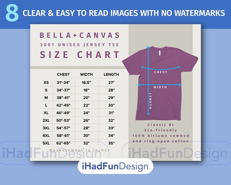 8 Bella + Canvas 3001 Size Chart Bella Canvas T-shirt Sizing Charts for Bella Canvas 3001 Sizing ...