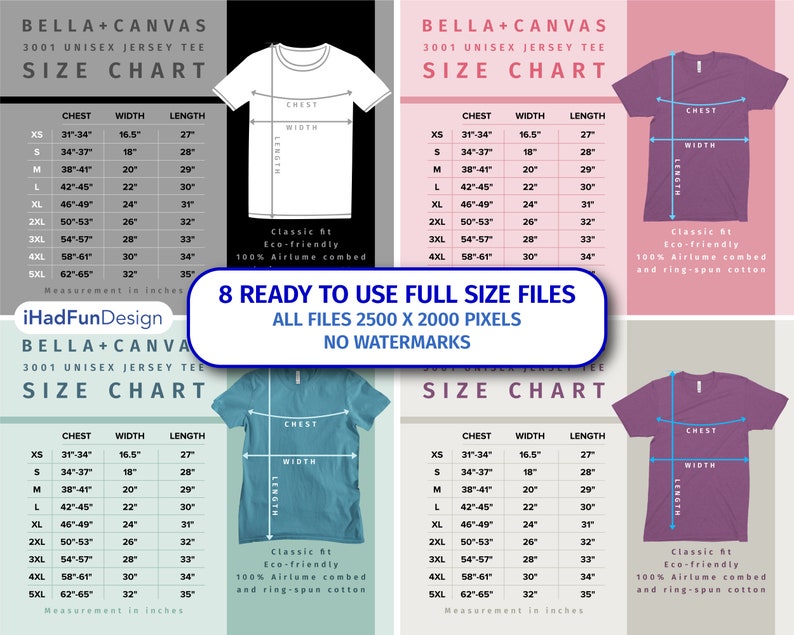 8 Bella + Canvas 3001 Size Chart Bella Canvas T-shirt Sizing Charts for Bella Canvas 3001 Sizing ...