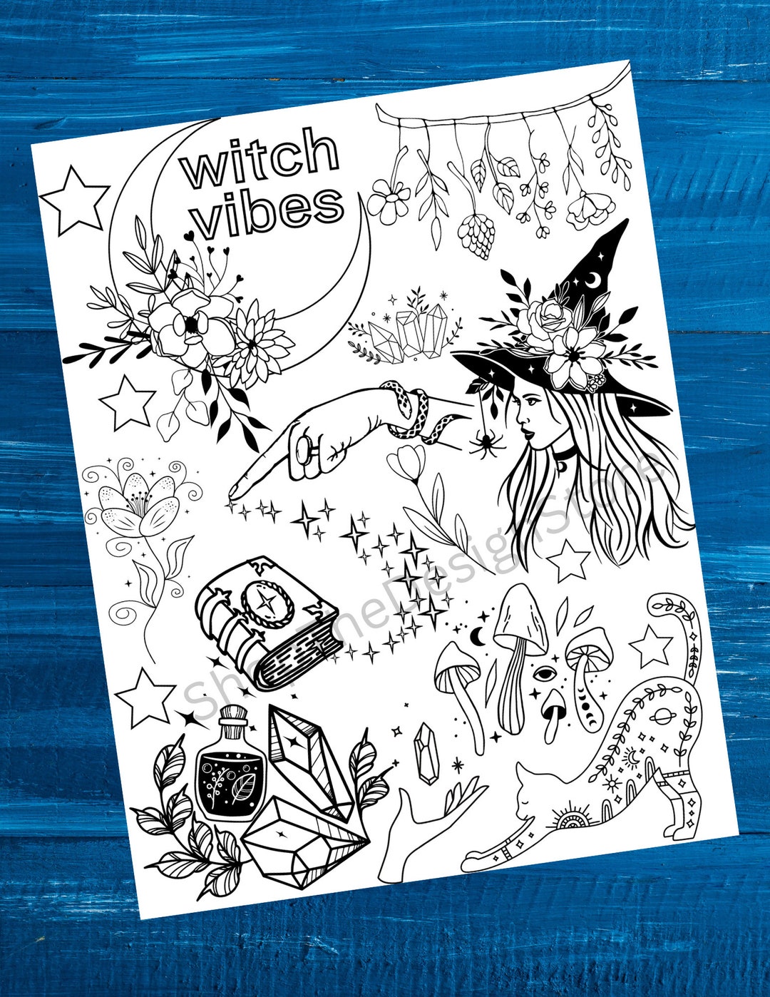Witch Vibes Coloring Page: Grayscale Witchcraft Art (digital Download ...