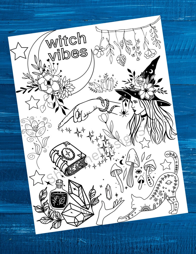 Witch Vibes Coloring Page: Grayscale Witchcraft Art (digital Download ...
