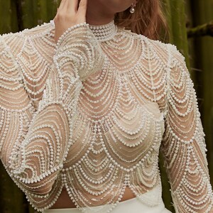 Sheer Tulle Pearl Topper With Long Sleeves. Modern Bridal Top. - Etsy