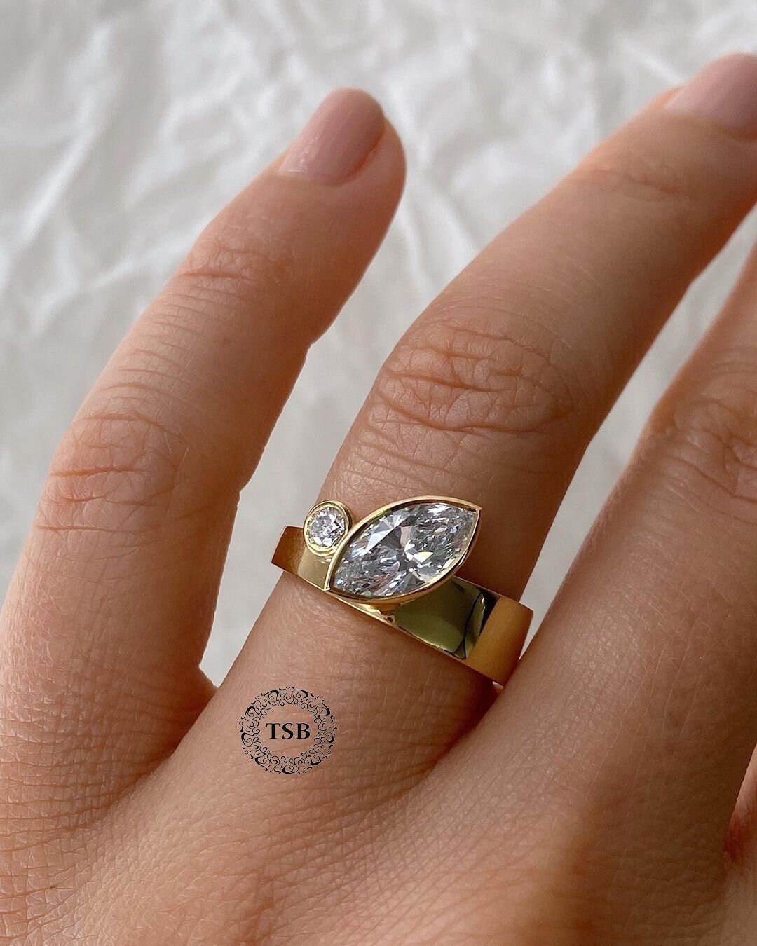 Wide Band Marquise and Round Cut Engagement Ring for Women/bezel Set ...