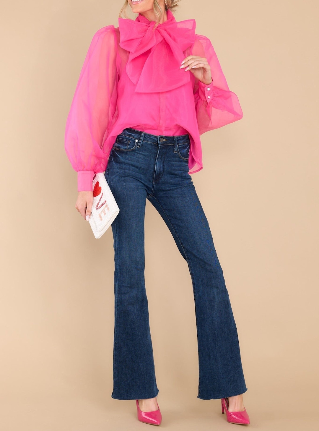 Hot Pink Top/organza See Thru Top, Organza Blouse, Transparent Top/bow ...