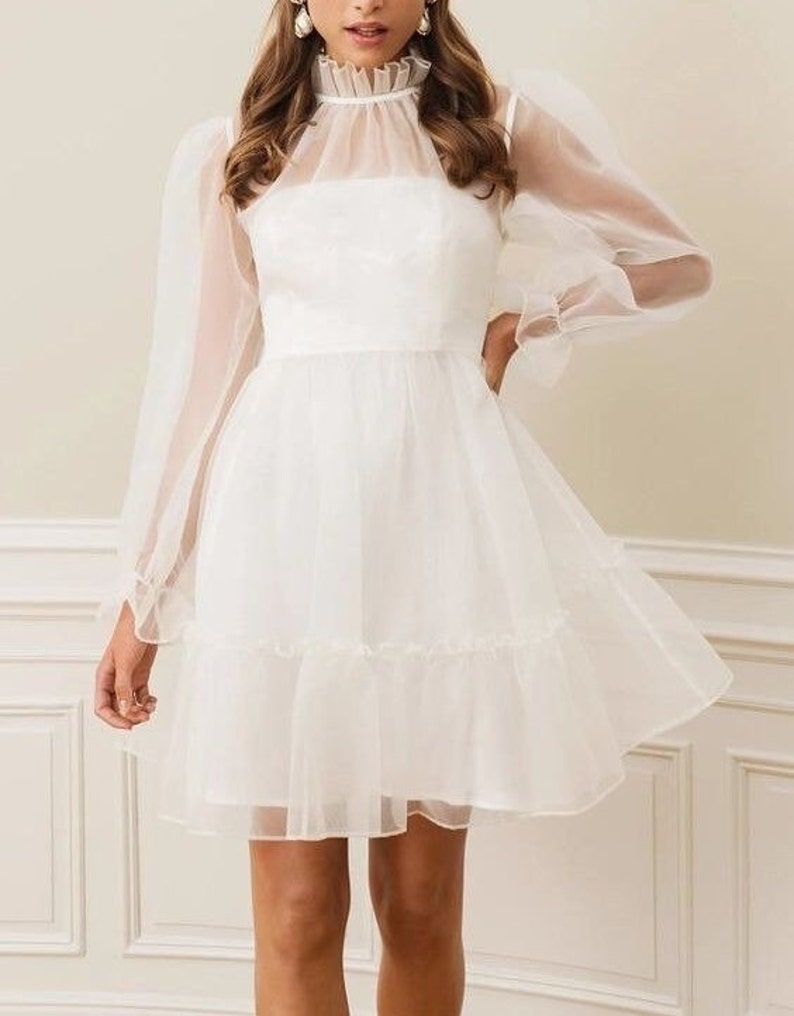 Short Wedding Dress,long Puff Sleeves High Neck Bridal Dress,short ...