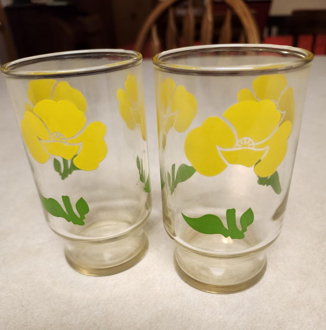 Anchor Hocking Yellow Foxy Flower Poppy Juice Glasses MCM Vintage Set ...