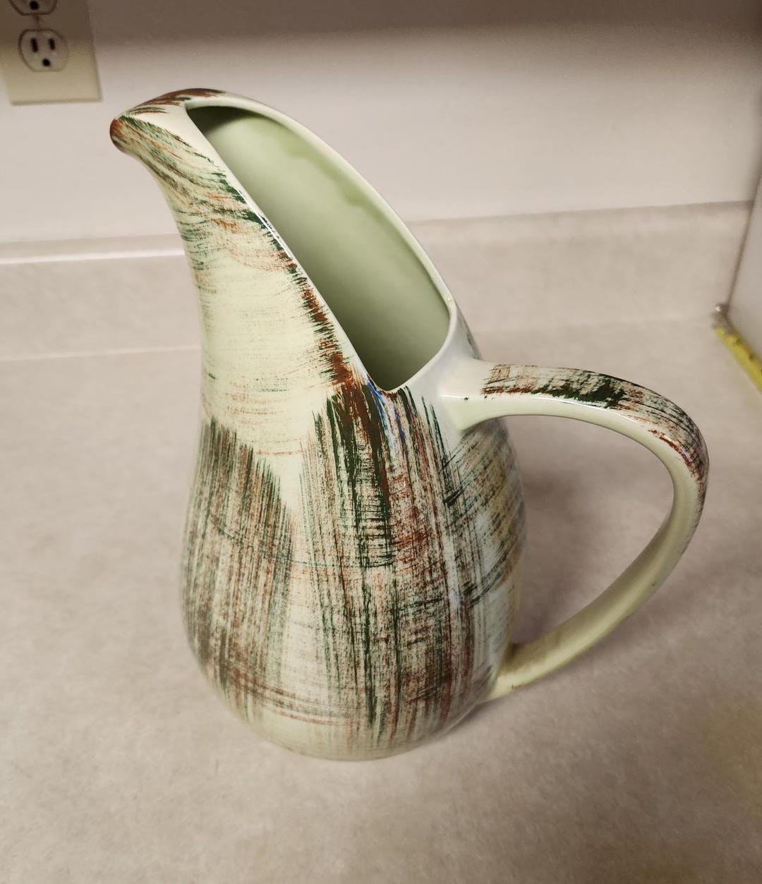 Vintage MCM Vernonware Raffia Pottery Large Pitcher Green Hand Painted ...