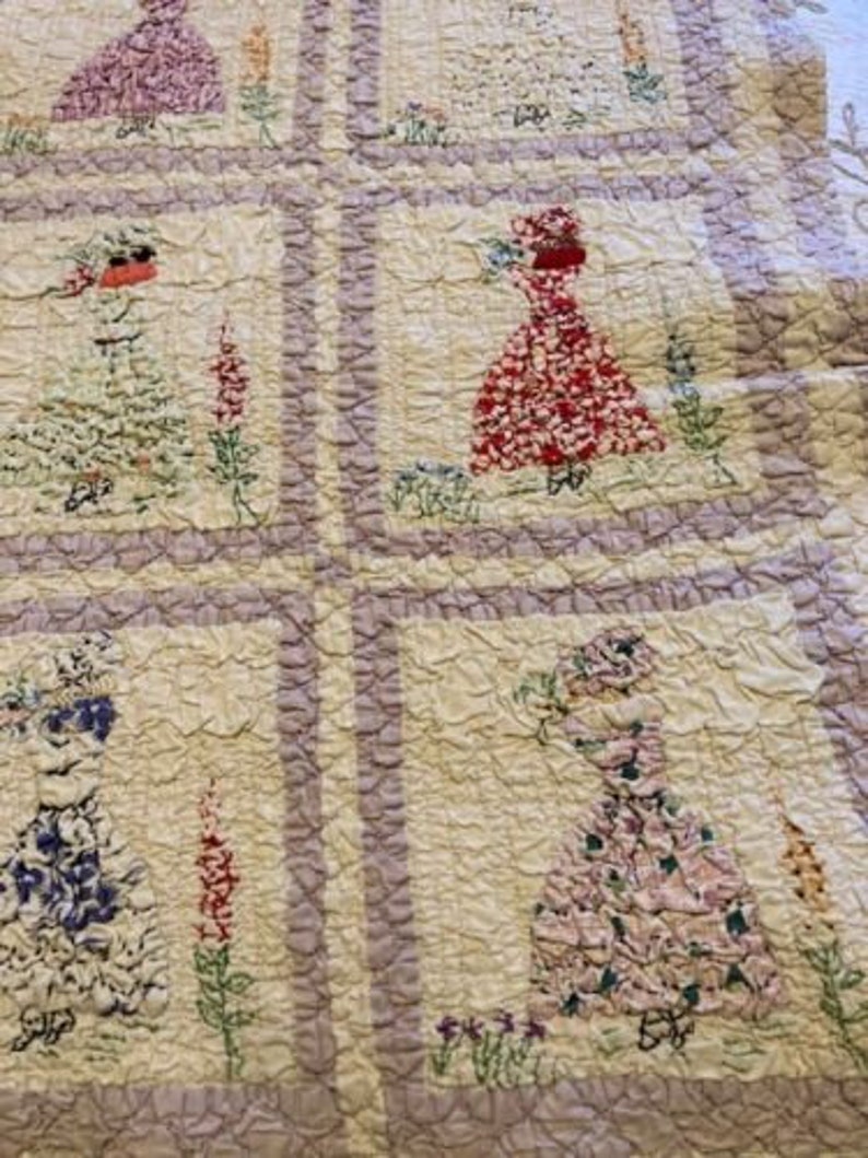 Antique Hand Stitched Appliqued Girl and Bonnet Quilt. 52 X 64 - Etsy