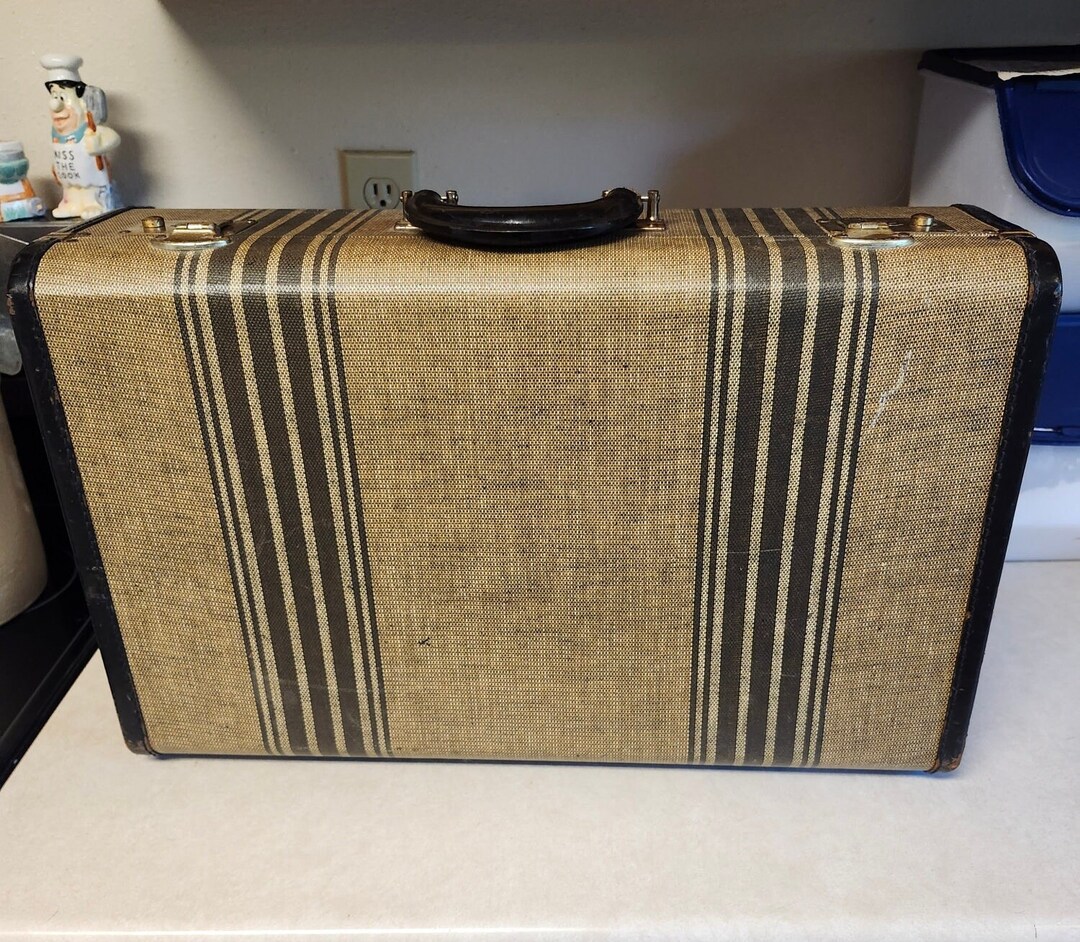 Vintage Antique Brown Tweed Suitcase With Dark Brown Stripes - Etsy