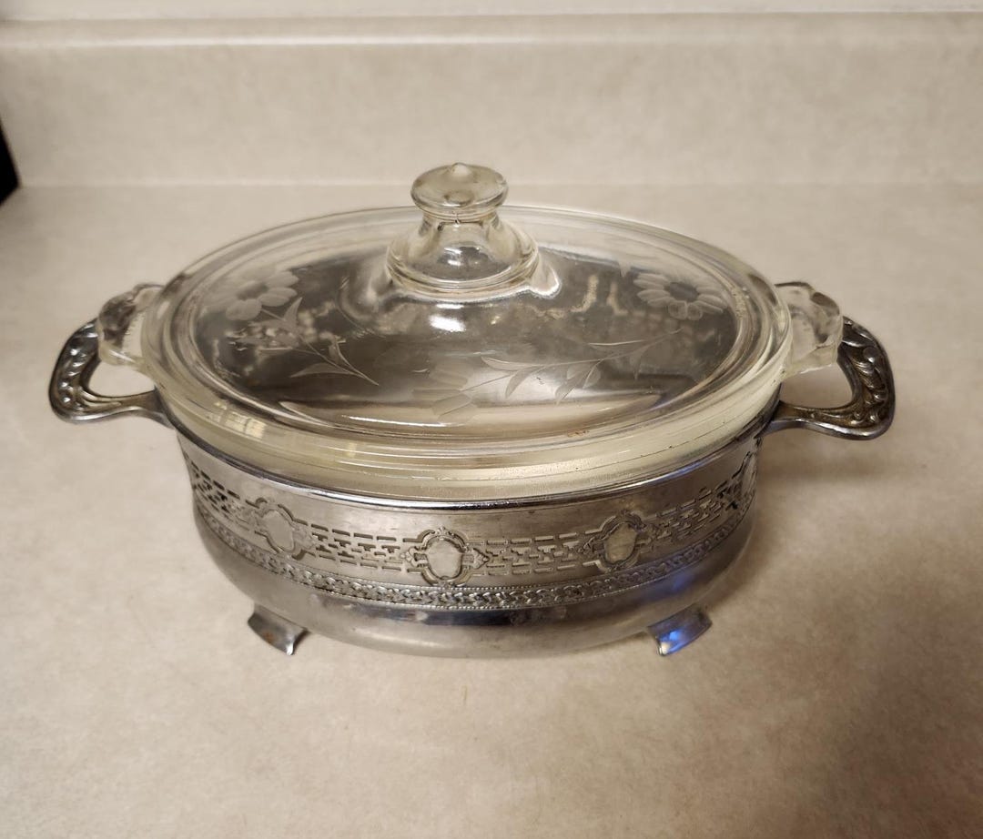 Rare Vintage 1920s Etched Pyrex Oval Casserole Dish Lid & Metal Carrier ...