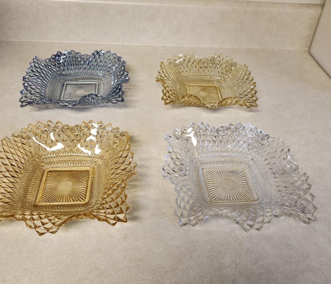 Vintage Indiana Glass Diamond Point Candy Dishes: Amber, Clear & Blue ...