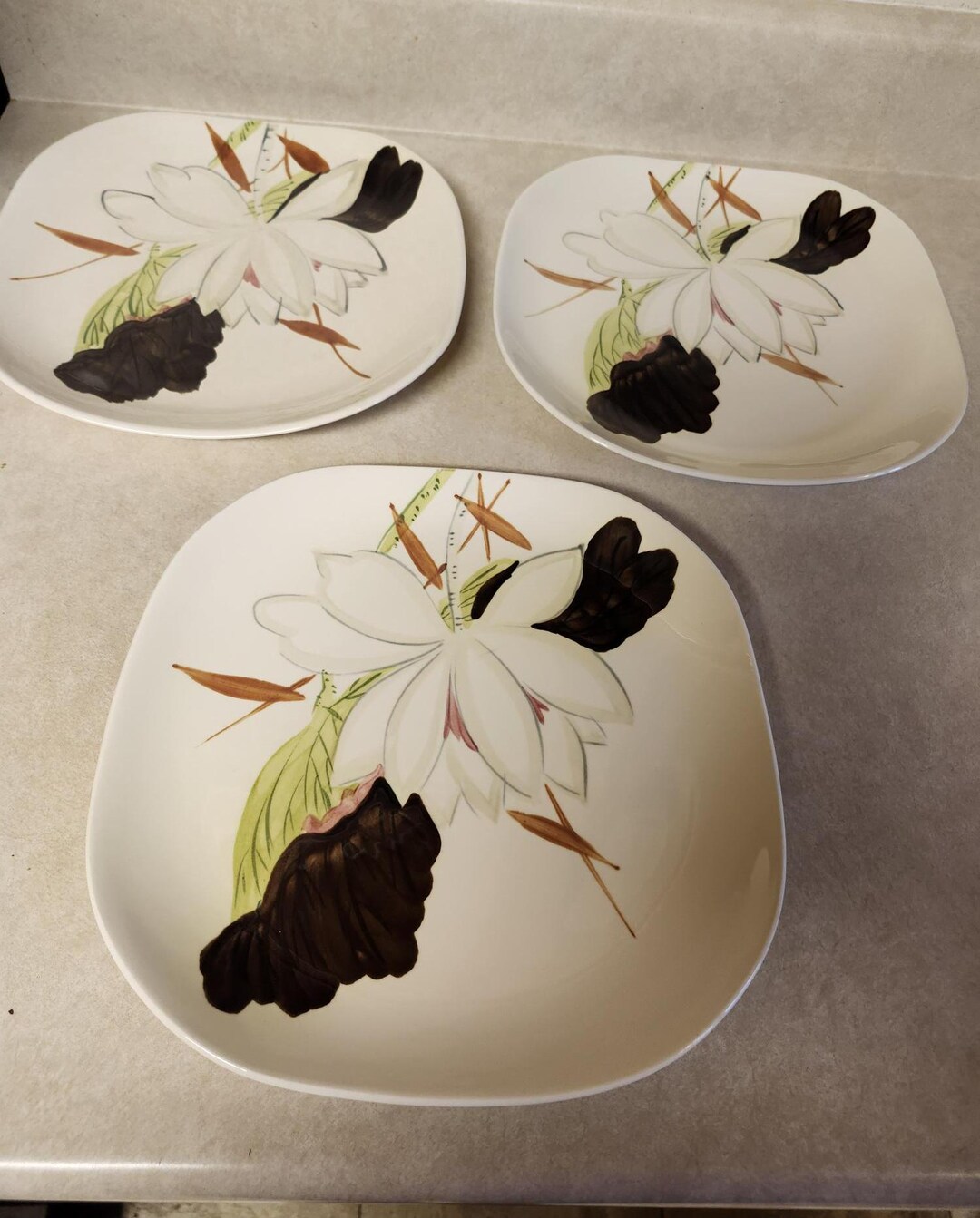 Vintage MCM Red Wing Pottery Lotus Bronze 10 1/2 Dinner Plates Set of 3 ...