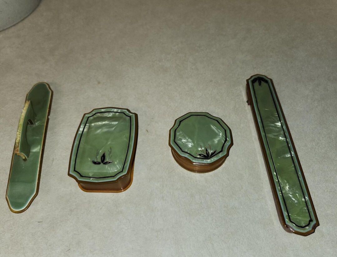 Vintage Vanity Set Green With Bakelite Bottom 4 Piece Comb Case, Powder ...