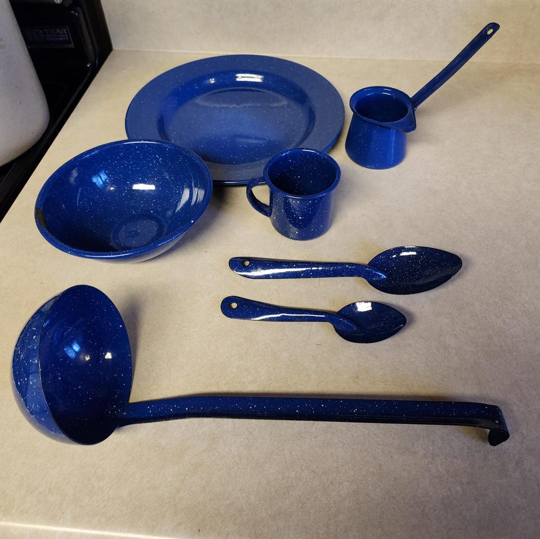 Vintage Enamelware Blue Speckled Spoons, Ladle, Plate, Bowl, Cup and ...