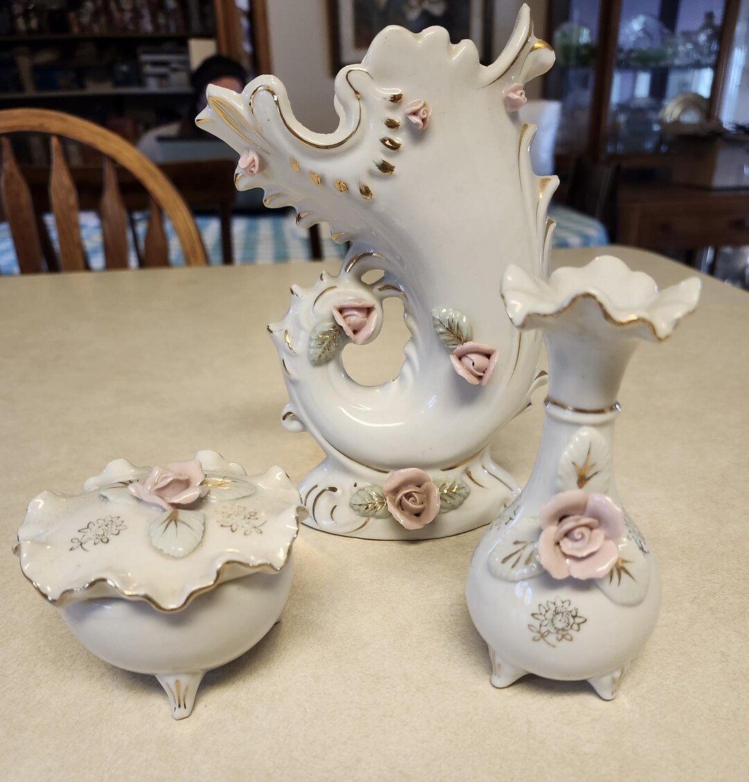 Vintage Porcelain Cornucopia, Small Vase and Lidded Trinket Dish With ...