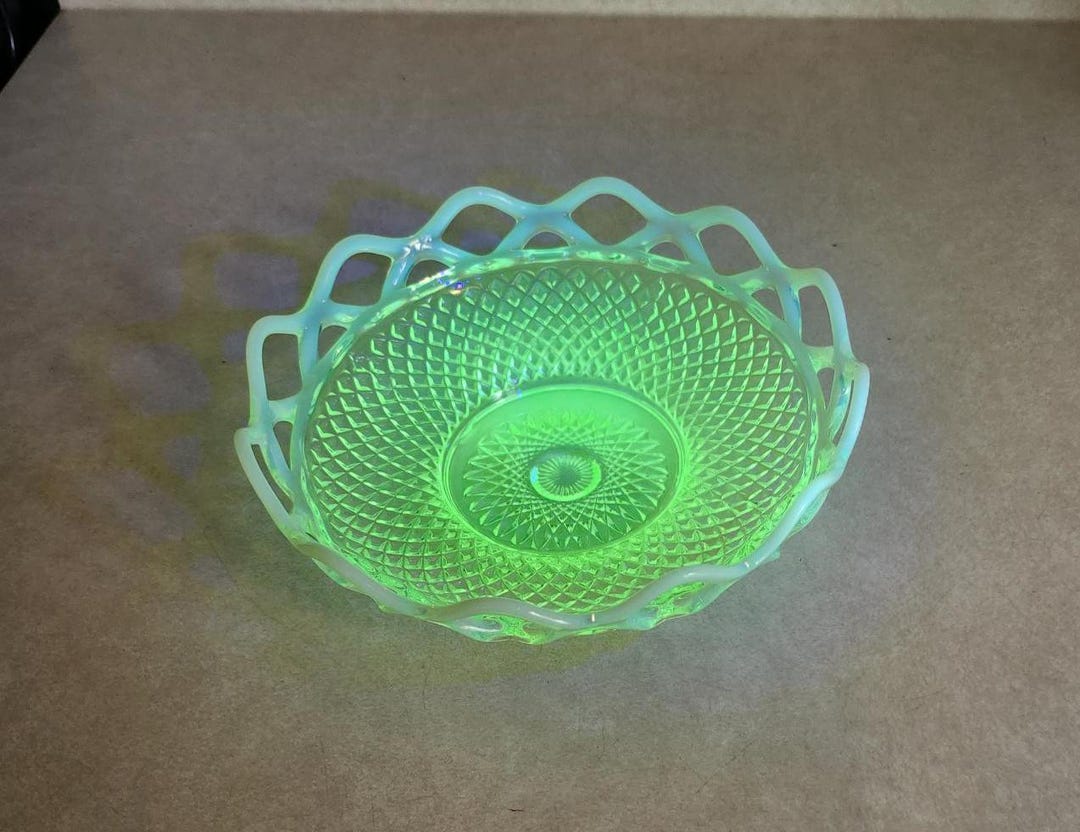 Vintage Imperial Glass Diamond Point Open Lace Edge Opalescent Green ...