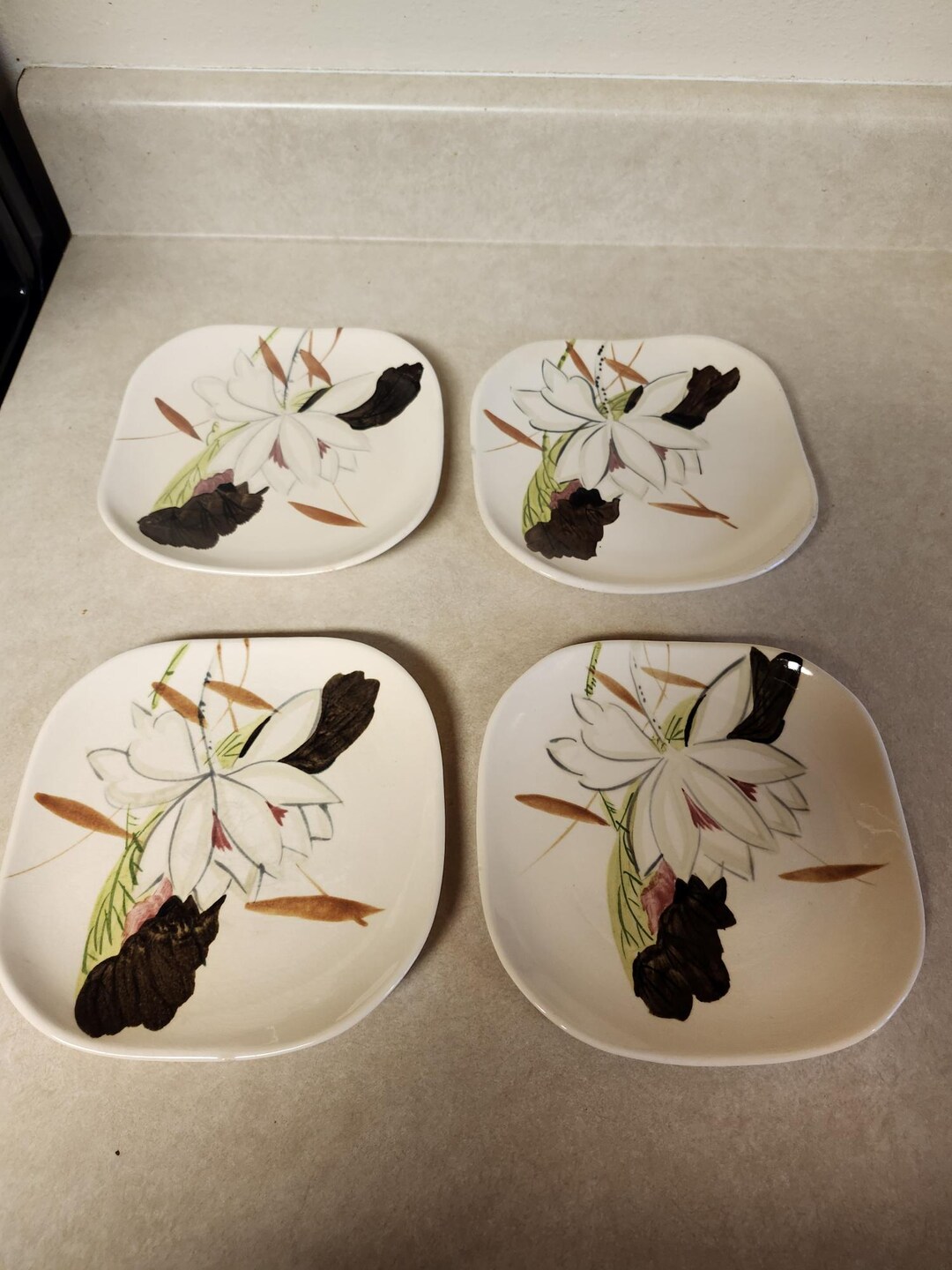Vintage MCM Red Wing Pottery Lotus Bronze Hand Painted Salad Plates Set ...