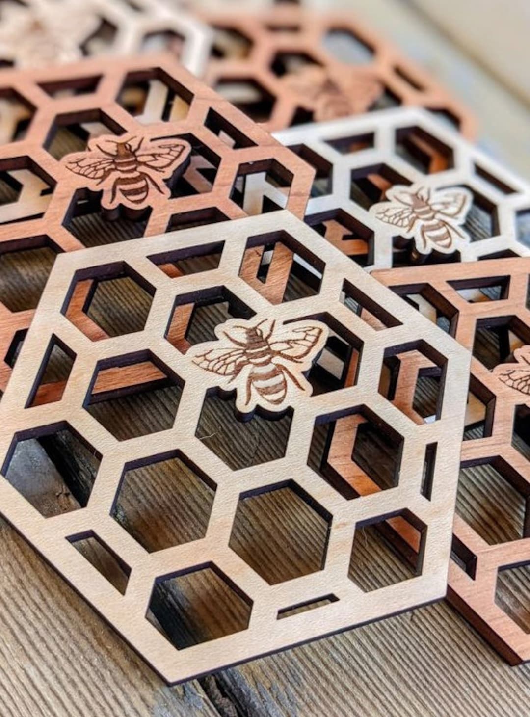 Honeycomb Pattern Wooden Coasters, With Bee Engraving, File for Laser ...