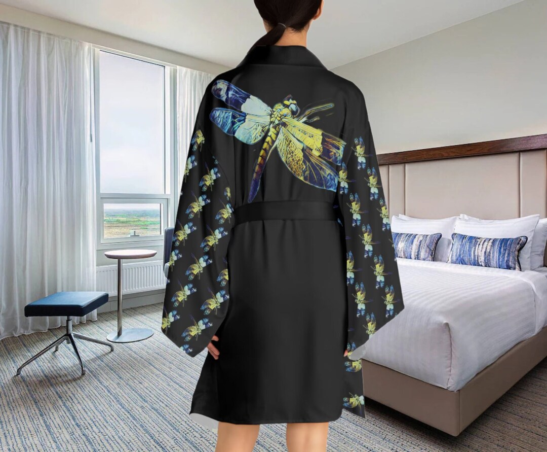 Blue Dragonfly Long Sleeve Kimono Robe | Satin Black Bathrobe for Men ...