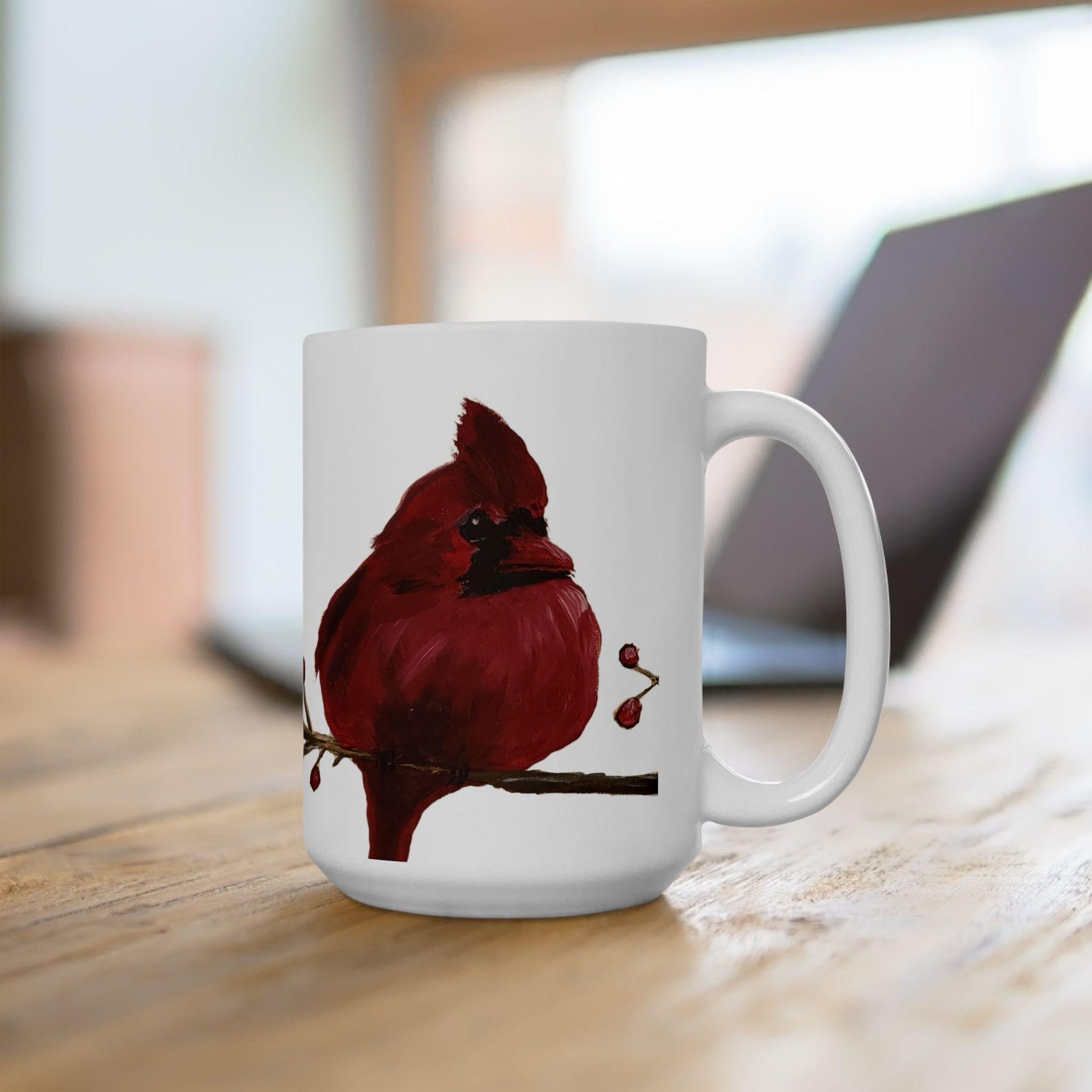Red Cardinal Bird Sitting on Branch Printed on Both Sides White Ceramic ...