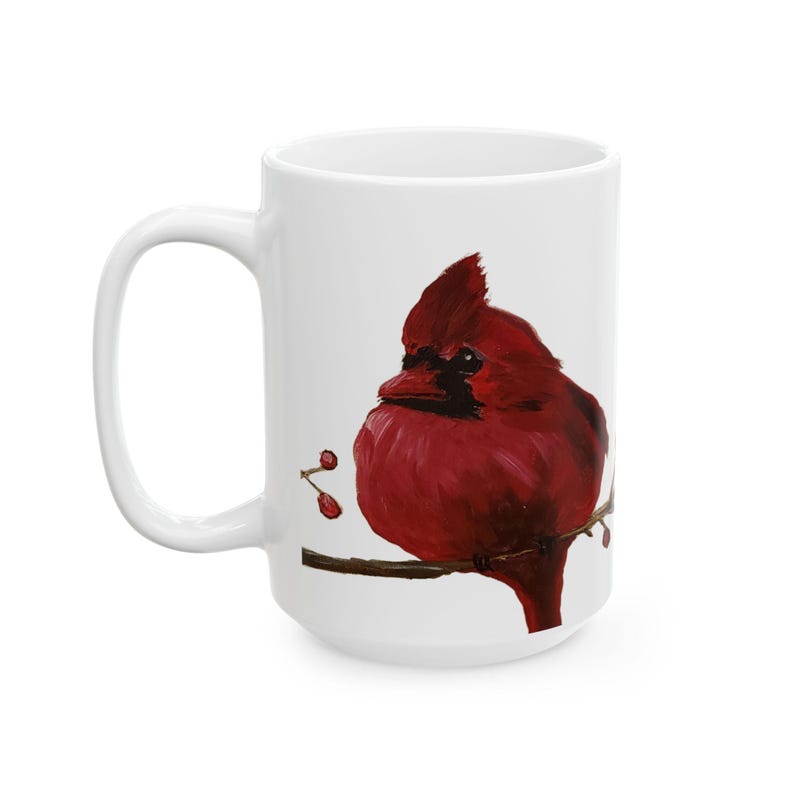 Red Cardinal Bird Sitting on Branch Printed on Both Sides White Ceramic ...