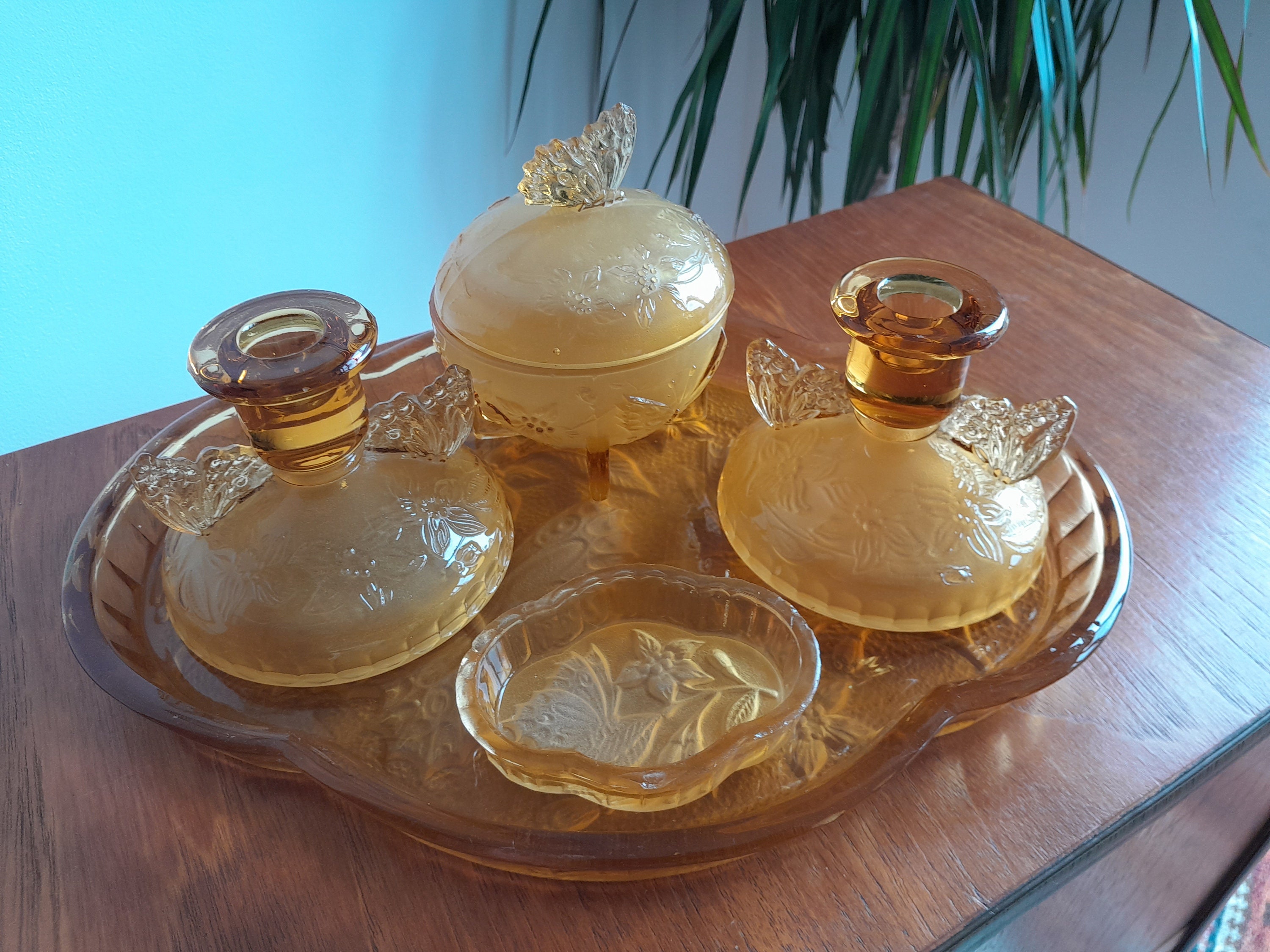 Art Deco Sowerby Amber Pressed Glass Butterfly Five Piece Dressing ...