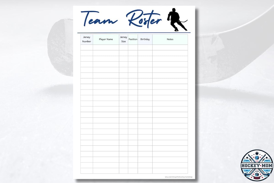 Hockey Sports Team Roster Printable | Travel Tournament Player Chart ...