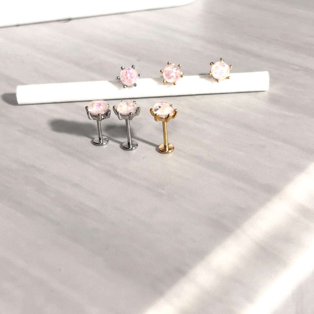 18g Pink Opal Conch Threadless Push Pin Flat Back Labret Stud Earrings ...