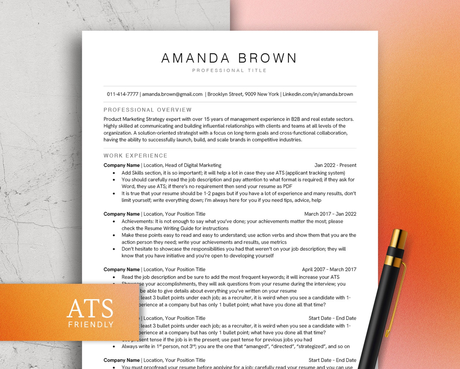 ATS Friendly Resume Template Word, Pages, Google Docs, ATS Resume, ATS ...