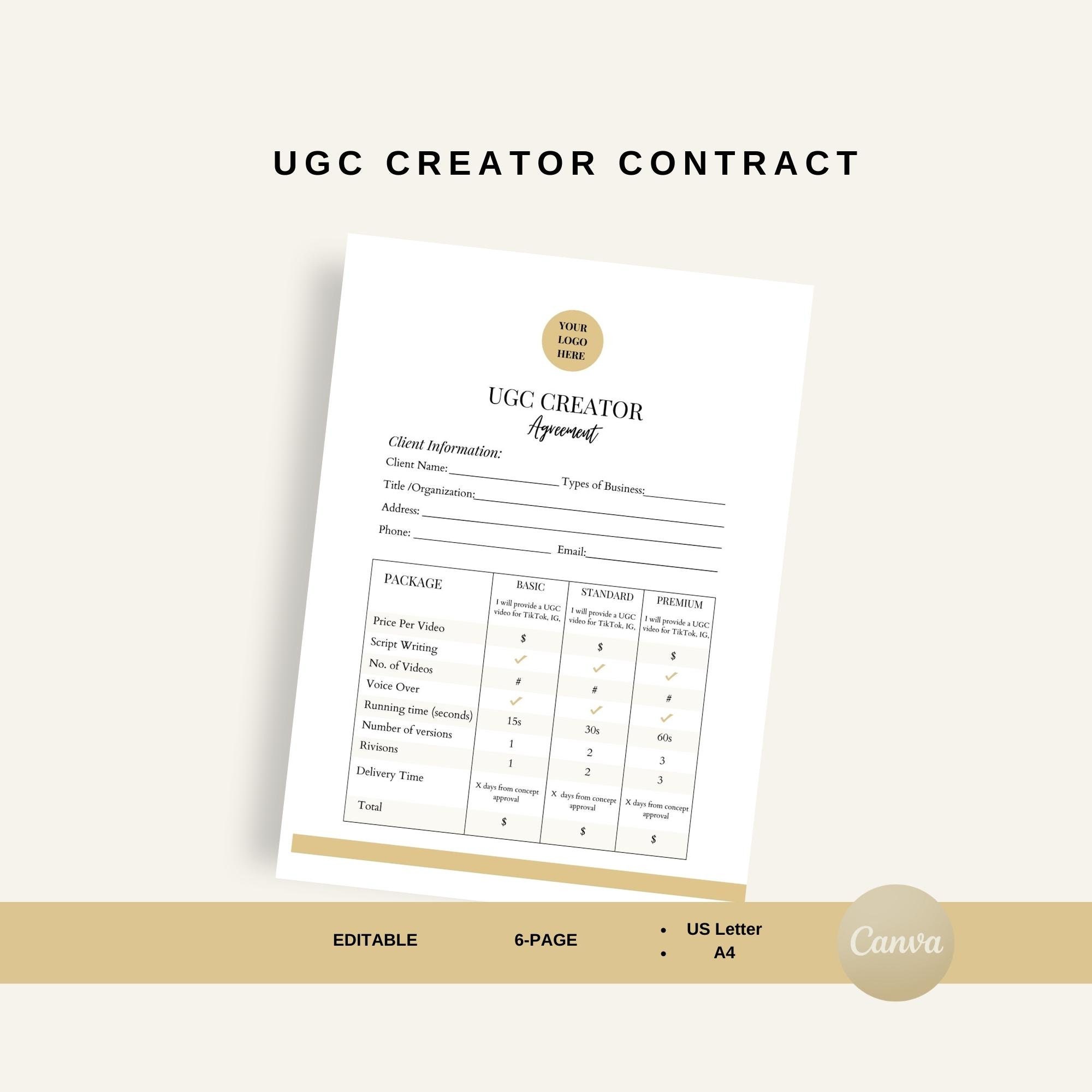UGC Contract Template, Professional UGC Contract, UGC Template, User ...