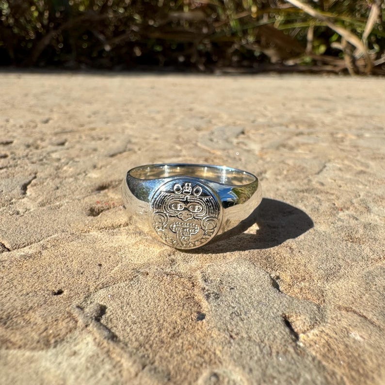 Sterling Silver Aztec Calendar Signet Ring, Sun God Design, Wide Domed ...