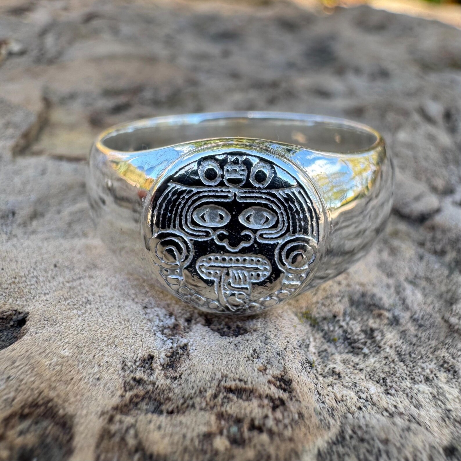 Sterling Silver Aztec Calendar Signet Ring, Sun God Design, Wide Domed ...