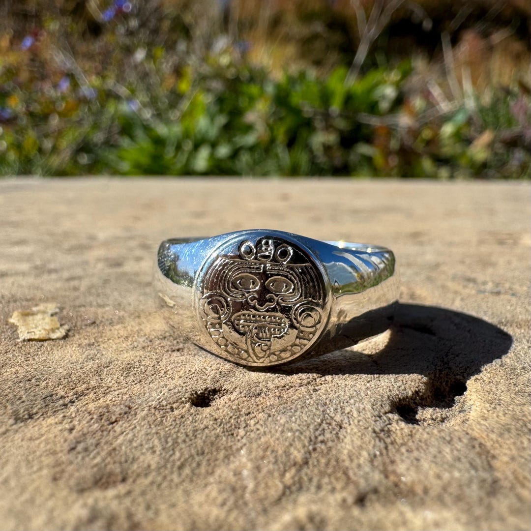 Sterling Silver Aztec Calendar Signet Ring, Sun God Design, Wide Domed ...