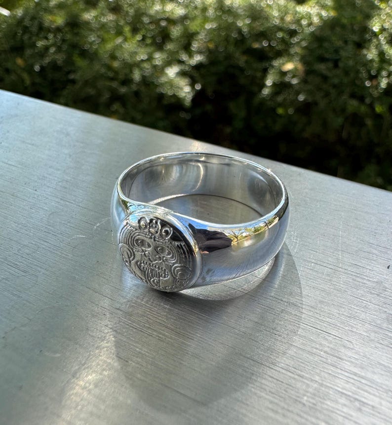 Sterling Silver Aztec Calendar Signet Ring, Sun God Design, Wide Domed ...