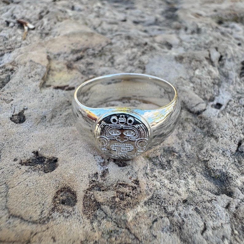Sterling Silver Aztec Calendar Signet Ring, Sun God Design, Wide Domed ...