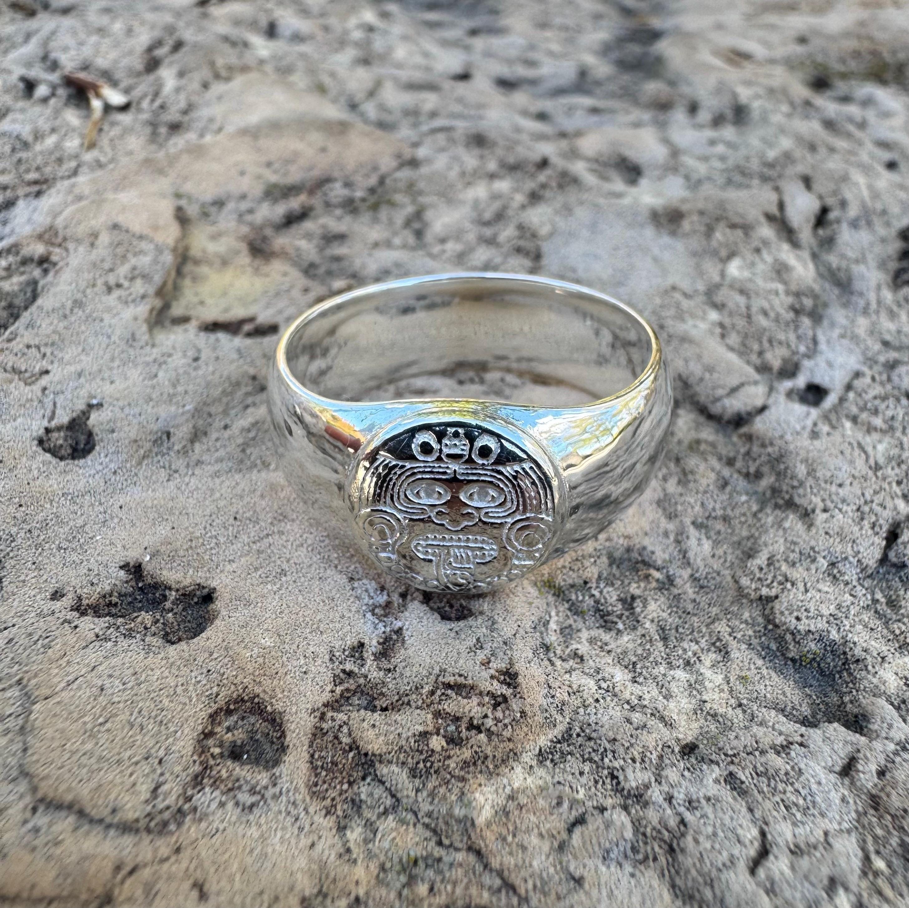 Sterling Silver Aztec Calendar Signet Ring, Sun God Design, Wide Domed ...