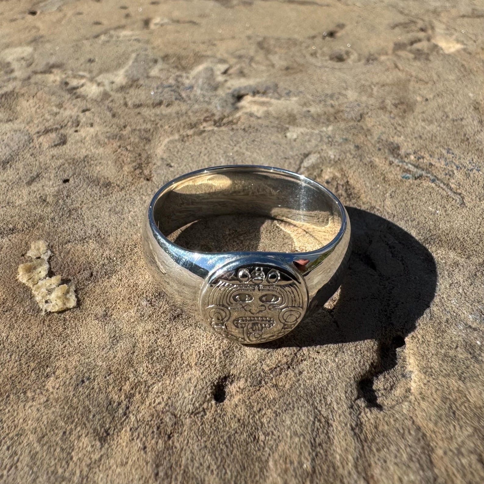 Sterling Silver Aztec Calendar Signet Ring, Sun God Design, Wide Domed ...
