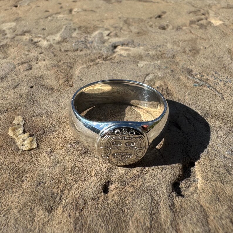 Sterling Silver Aztec Calendar Signet Ring, Sun God Design, Wide Domed ...