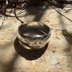 Sterling Silver Aztec Calendar Signet Ring, Sun God Design, Wide Domed ...
