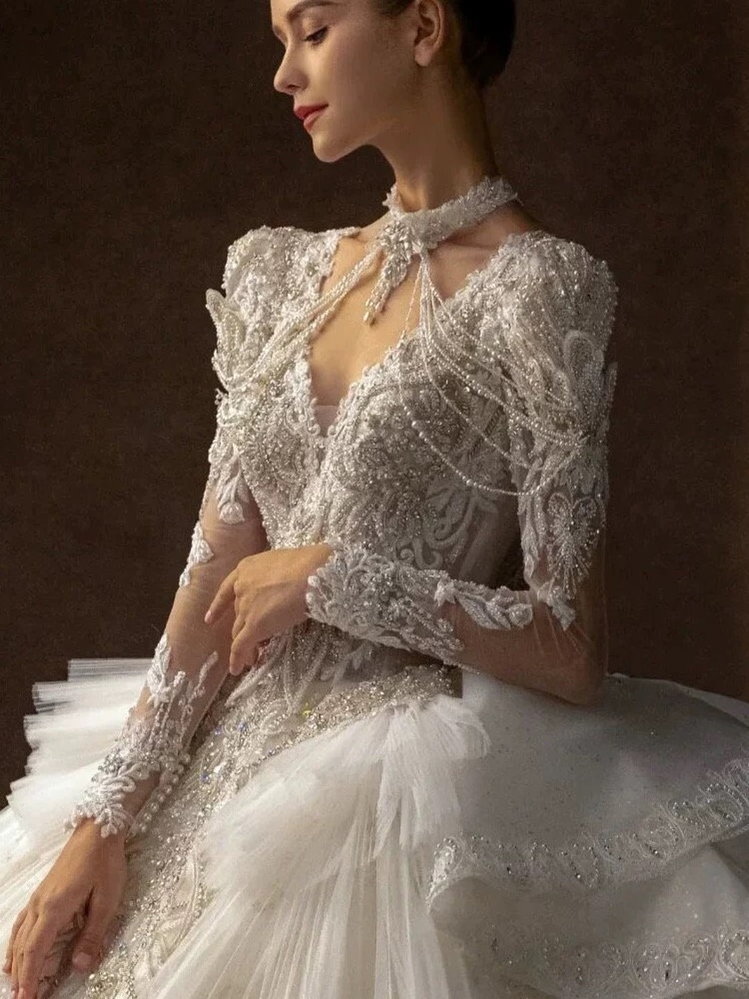 Gorgeous Luxury Long Sleeve Big Train Wedding Dress Curt Style Wedding ...