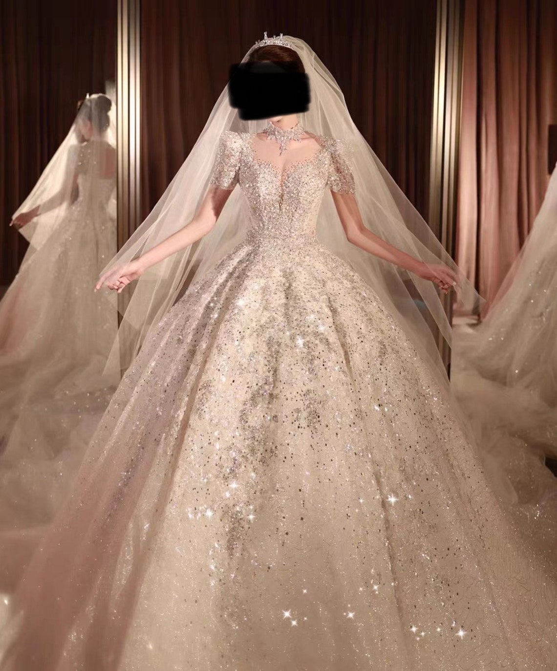 Luxury Bling Bling Wedding Dress Short Sleeve Wedding Gown Princess ...