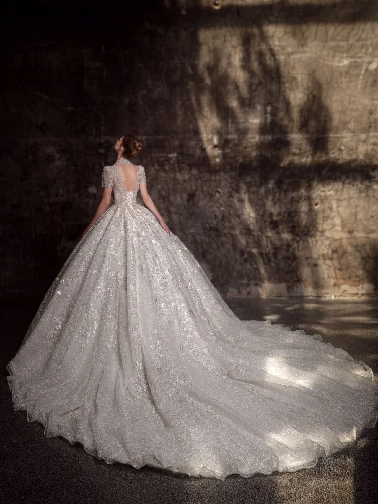 Luxury Bling Bling Wedding Dress Short Sleeve Wedding Gown Princess ...