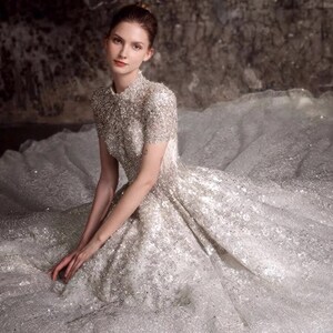 Luxury Bling Bling Wedding Dress Short Sleeve Wedding Gown Princess ...