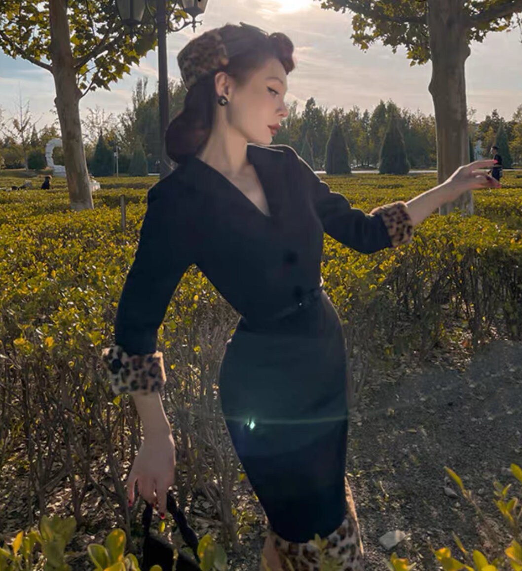 Very Classic Vintage Elegant Leopard Print Woolen Dress V Neck - Etsy